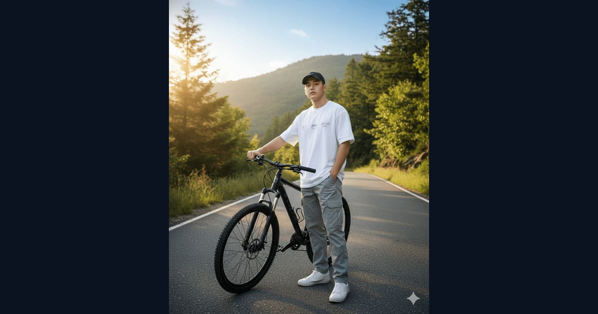 Biker on mountain road AI Photo Editing Prompt for Gemini