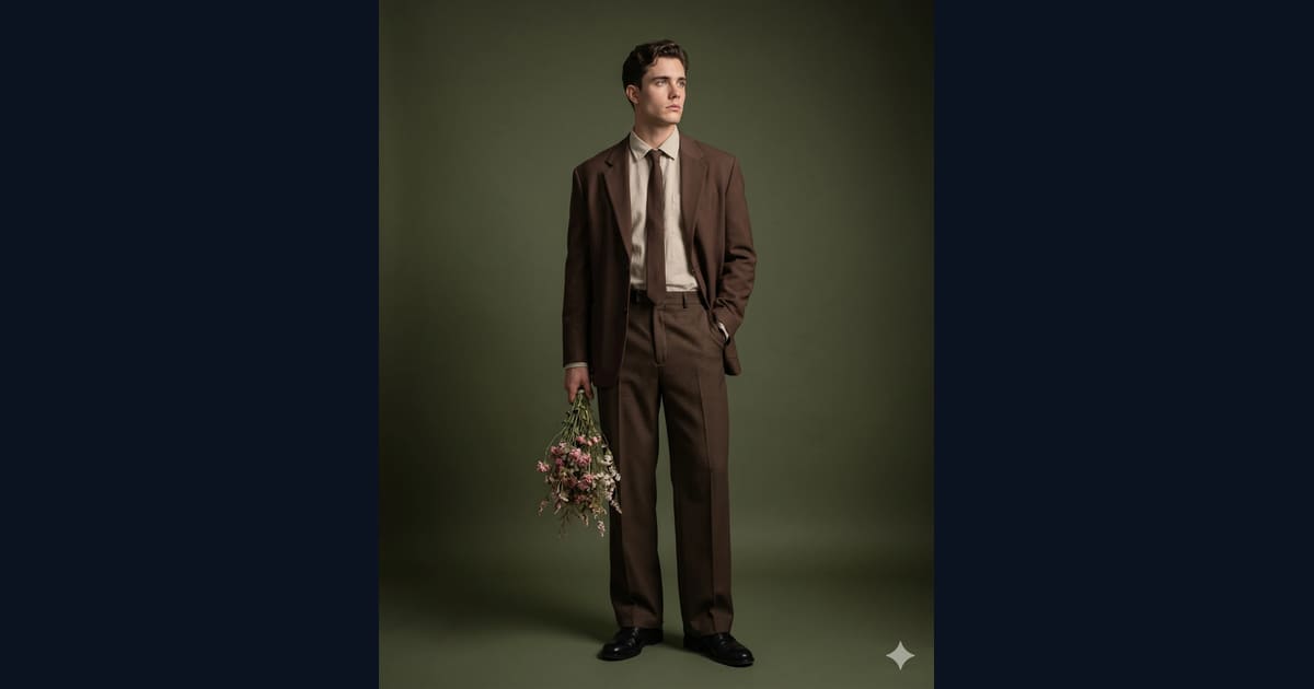 Vintage Fashion Look Prompt | Man in Brown Suit with Dried Flowers