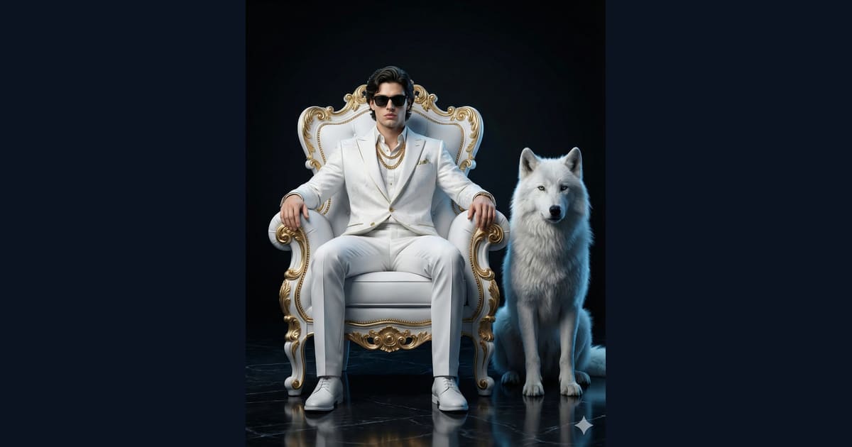 Man in White Suit Sitting on Ornate Gold Throne with White Wolf - AI Prompt