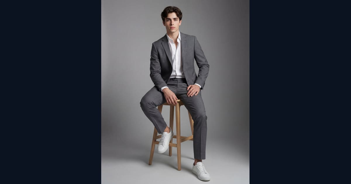 Minimalist Studio Photography | Male Model in Grey Suit | AI Prompt
