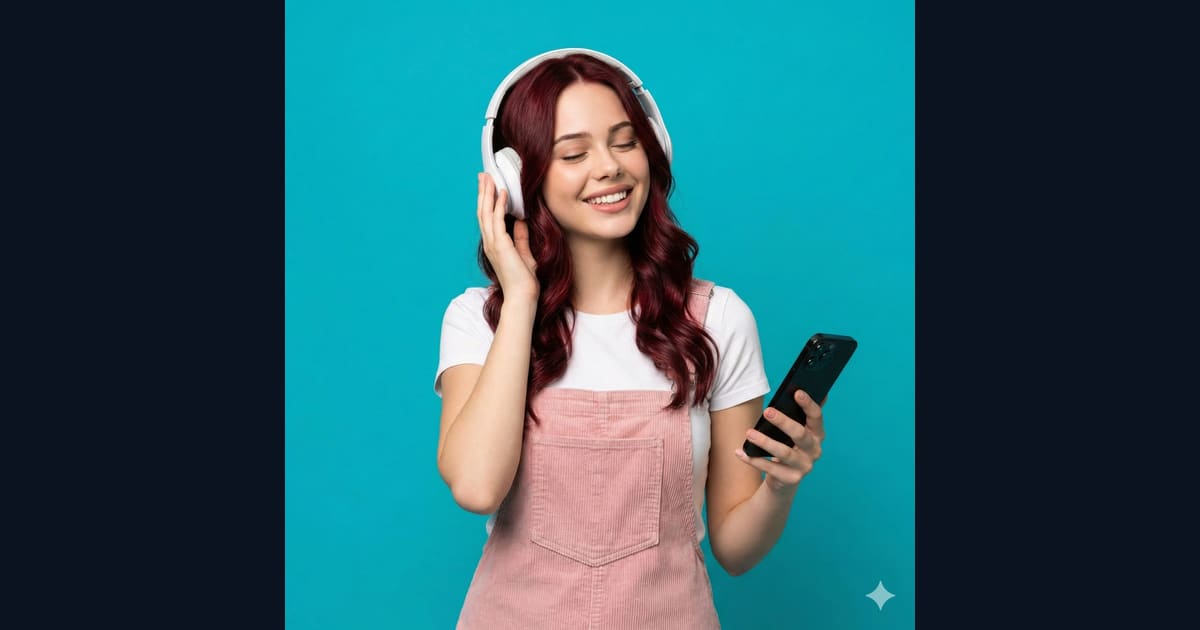 Smiling Woman with Headphones on Teal Background | AI Prompt