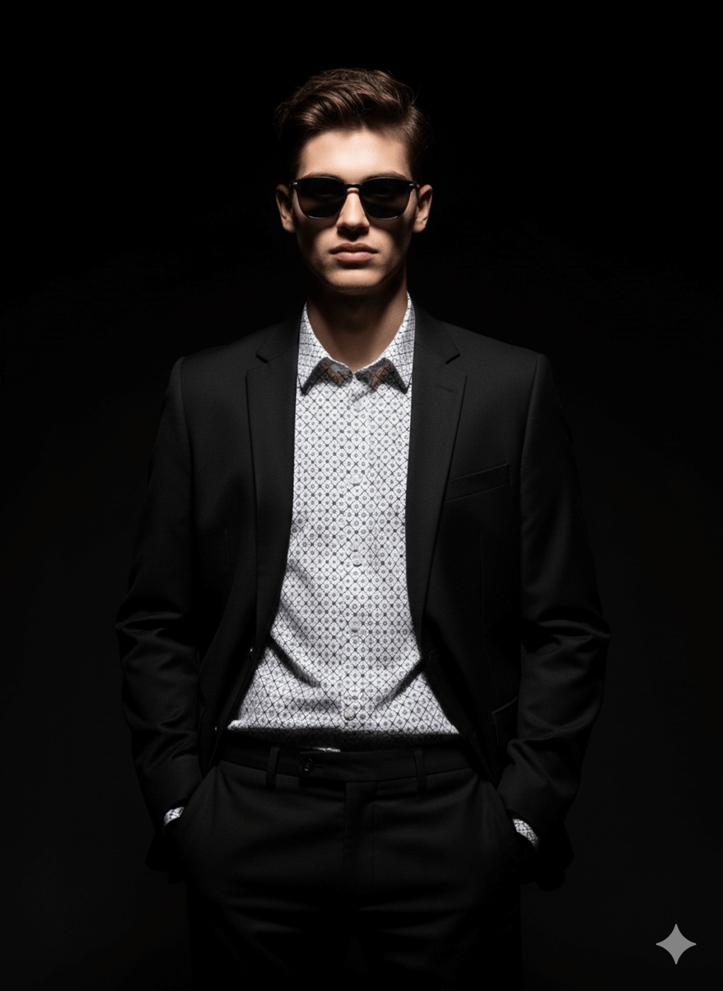 Confident man in suit and shadows AI Photo Editing Prompt for Gemini