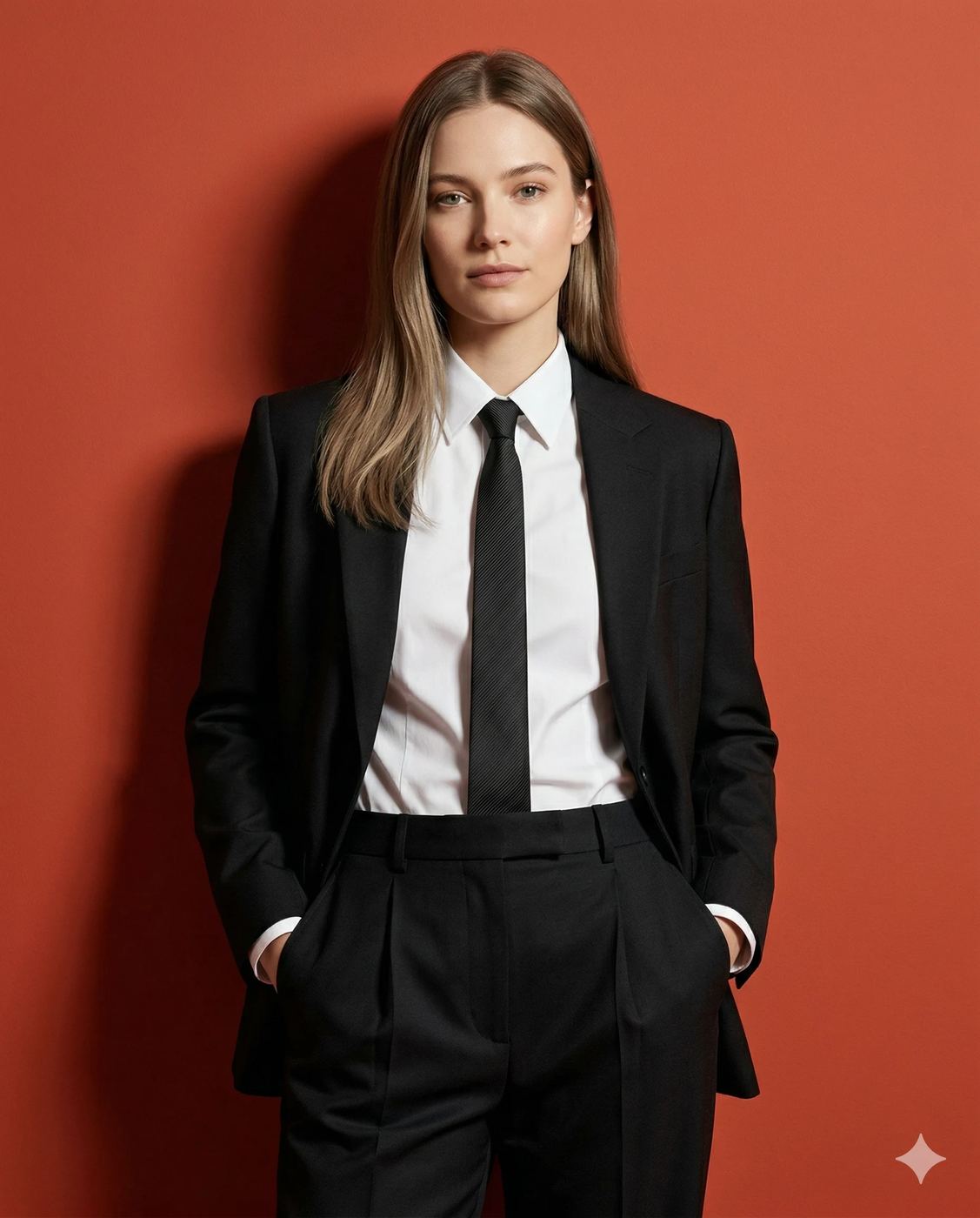Fashion Editorial AI Prompt | Woman in Black Suit on Red Wall